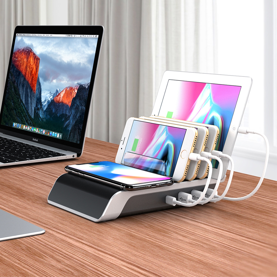 4-Port USB + Qi Wireless Charging Station Stand - Phone / Tablet